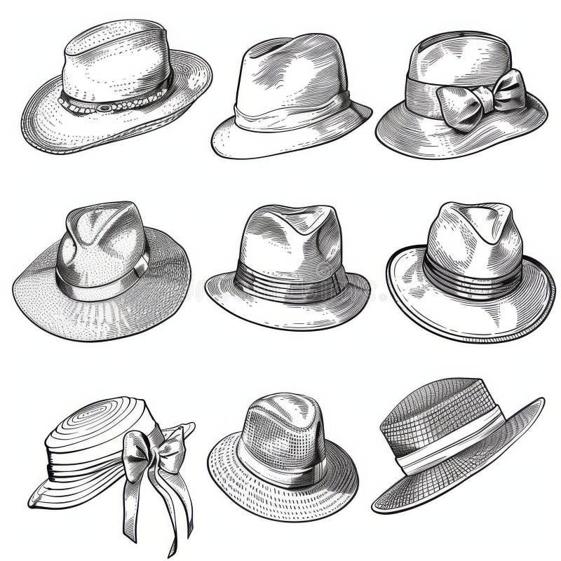 Doodle Hats Set, Bonnet, Beret, Fedora Linear Drawings Collection Stock ...