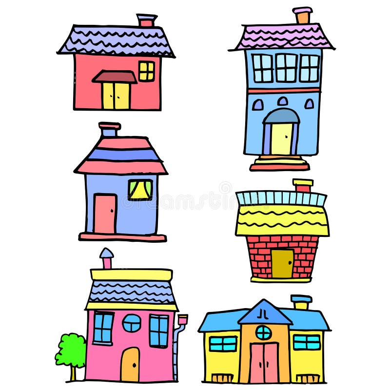 Doodle of House and Building Set Stock Vector - Illustration of street ...