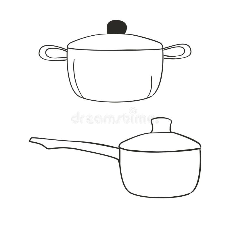 Doodle Illustration with Black Pot Pan Doodle Outline. Vector Hand ...
