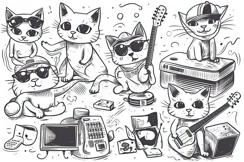 Doodle Illustration of Cute Funky Cat in Various Poses Such As Funky ...