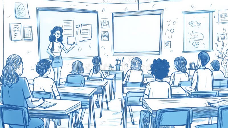 Doodle Illustration of a Lively Classroom with Students Interacting ...