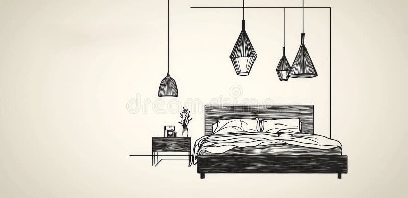 Doodle Illustration of a Modern and Cozy Bedroom in Simple Linear Style ...