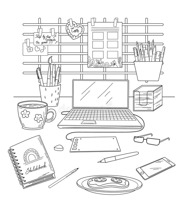 Doodle Image of Digital Artist Workplace.Table and Wall Organizer with ...