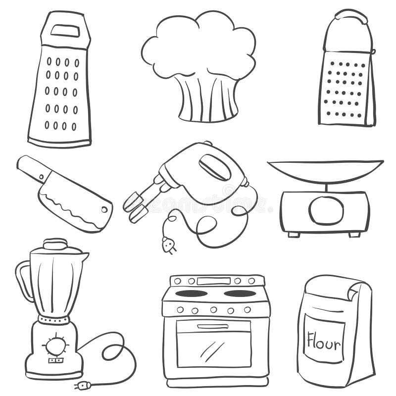 Kitchen Set Hand Draw Cartoon Doodles Stock Vector - Illustration of ...