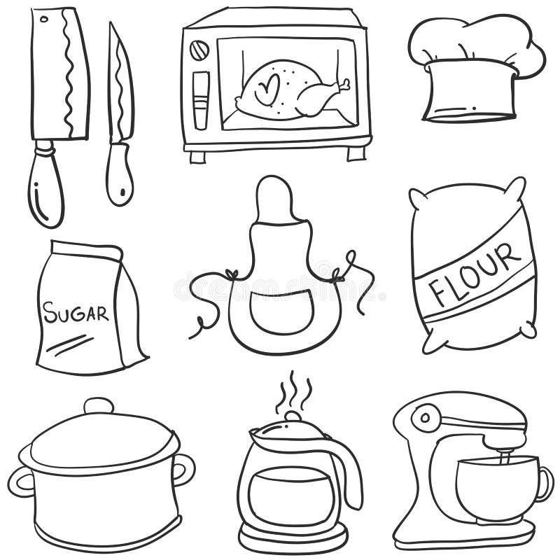 Kitchen Set Hand Draw Cartoon Doodles Stock Vector - Illustration of ...