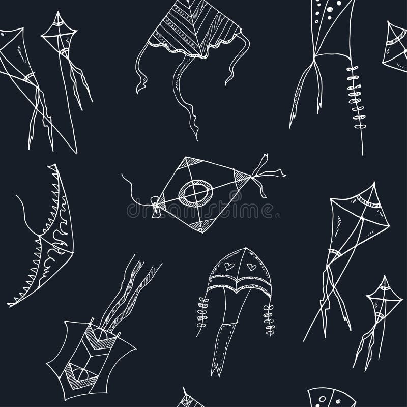 Doodle Kite Seamless Pattern on Black Background Stock Vector ...