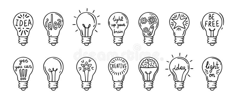 Doodle Light Bulb Idea Icon Hand Drawn Set. Light Bulbs Idea Concept ...