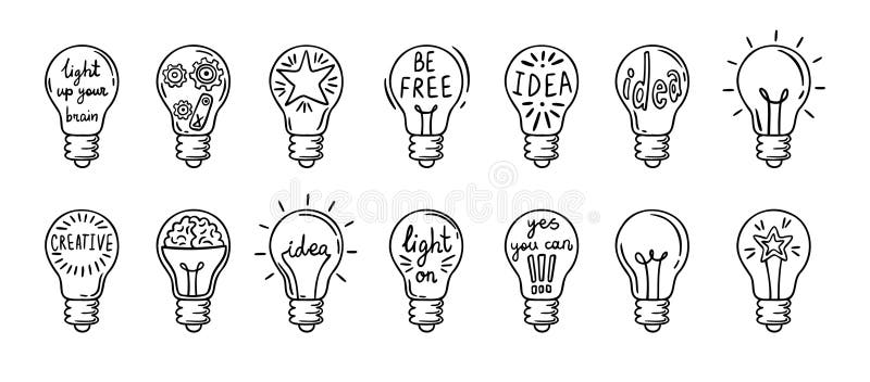 Doodle Light Bulb Idea Icon Hand Drawn Set. Light Bulbs Idea Concept ...