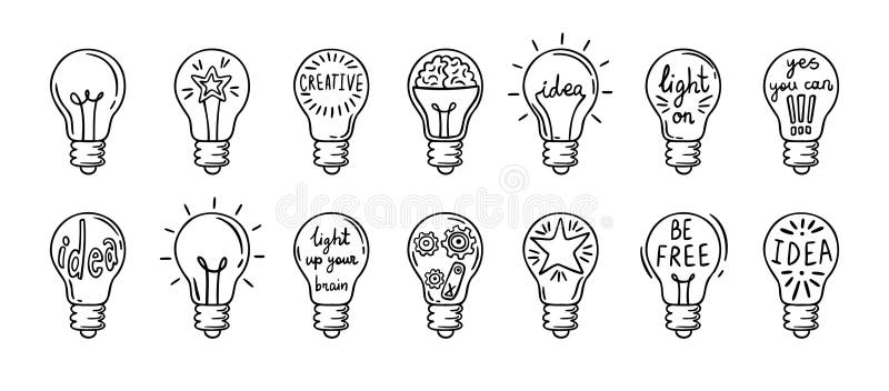 Doodle Light Bulb Idea Icon Hand Drawn Set. Light Bulbs Idea Concept ...