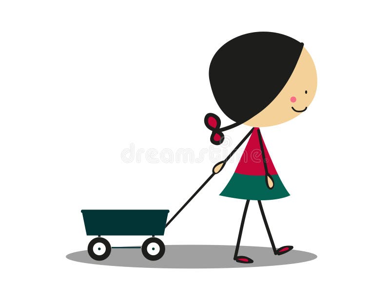 Doodle Little Girl Pull Cart - Full Color Stock Vector - Illustration ...
