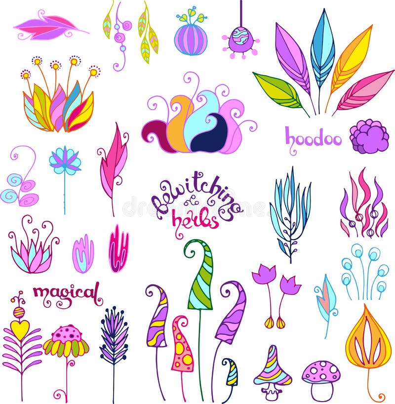 Doodle Magical Plants and Herbs Stock Vector - Illustration of doodle ...