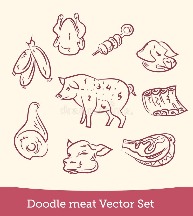 Doodle Meat Set Isolated on White Background. Vector Stock Vector ...