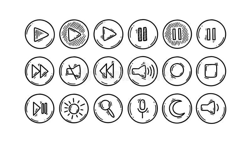 Doodle Media and Video Interface Circle Buttons. Set of Hand Drawn ...