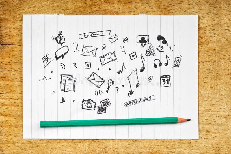 Doodle Multimedia Icons on Paper Stock Image - Image of software ...