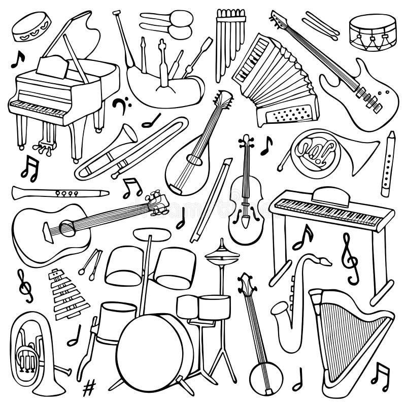 Hand-drawn Collection with Music Doodles. Music Icons Set. Vector ...