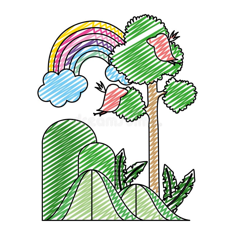 Doodle Natural Tree and Mountains with Rainbow Landscape Stock Vector ...