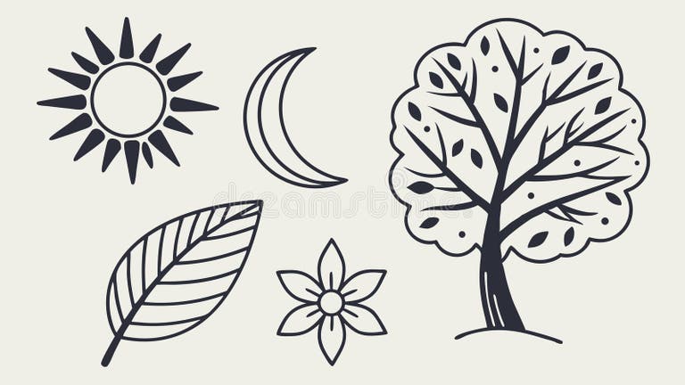 Doodle of Nature Elements Sun Moon Tree and Flower Vector Design ...