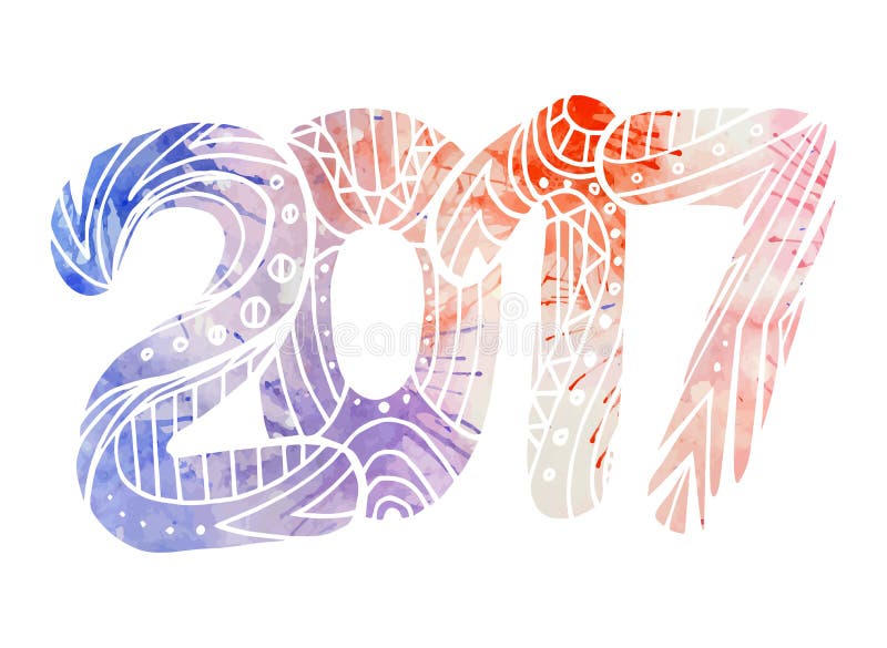 Doodle Number 2017 with Boho Pattern and Watercolor Background Stock ...