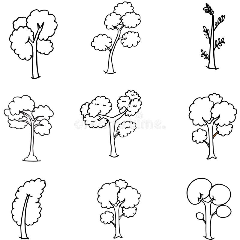Doodle Oof Different Tree Set Hand Draw Stock Vector - Illustration of ...