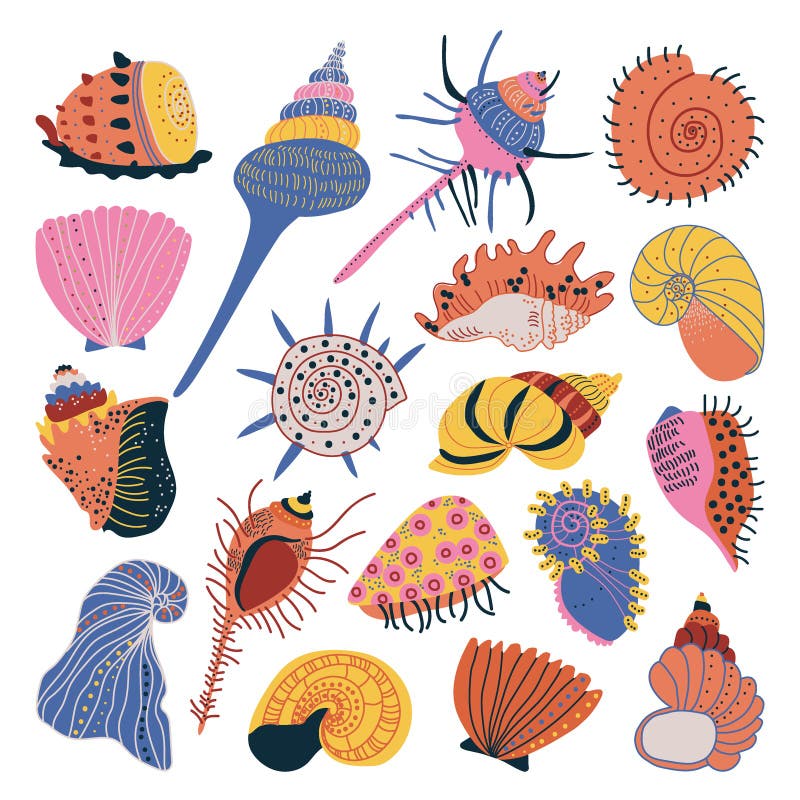 Doodle Ornamental Seashell and Hard Marine Shell Big Vector Set Stock ...