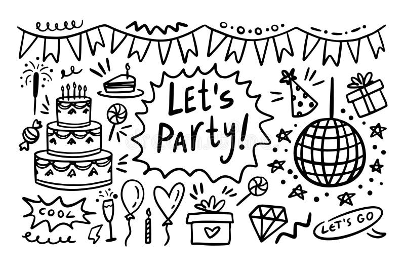 Doodle Party Elements Hand Drawn Set. Sketch Icons for Invitation ...