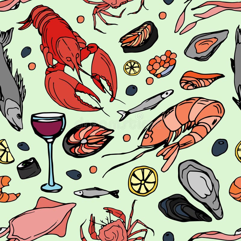 Sea Food Hand Drawn Doodle With Fish, Crab And Oyster Stock Vector ... Sea Food Hand Drawn Doodle With Fish, Crab And Oyster Stock Vector ...