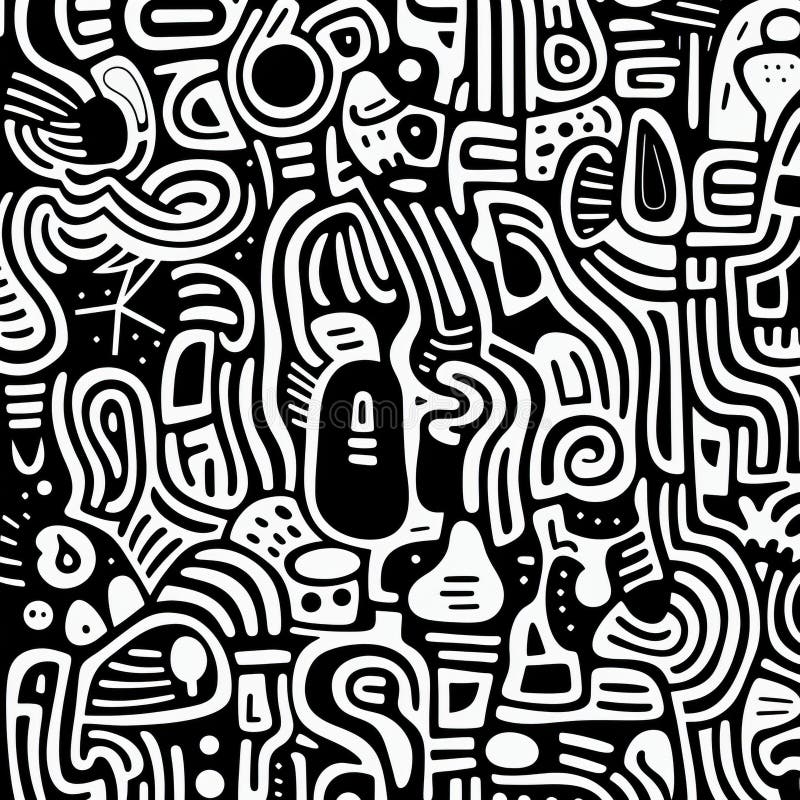 Whimsical Cyborgs: Abstract Black and White Pattern with Absurd Doodles ...
