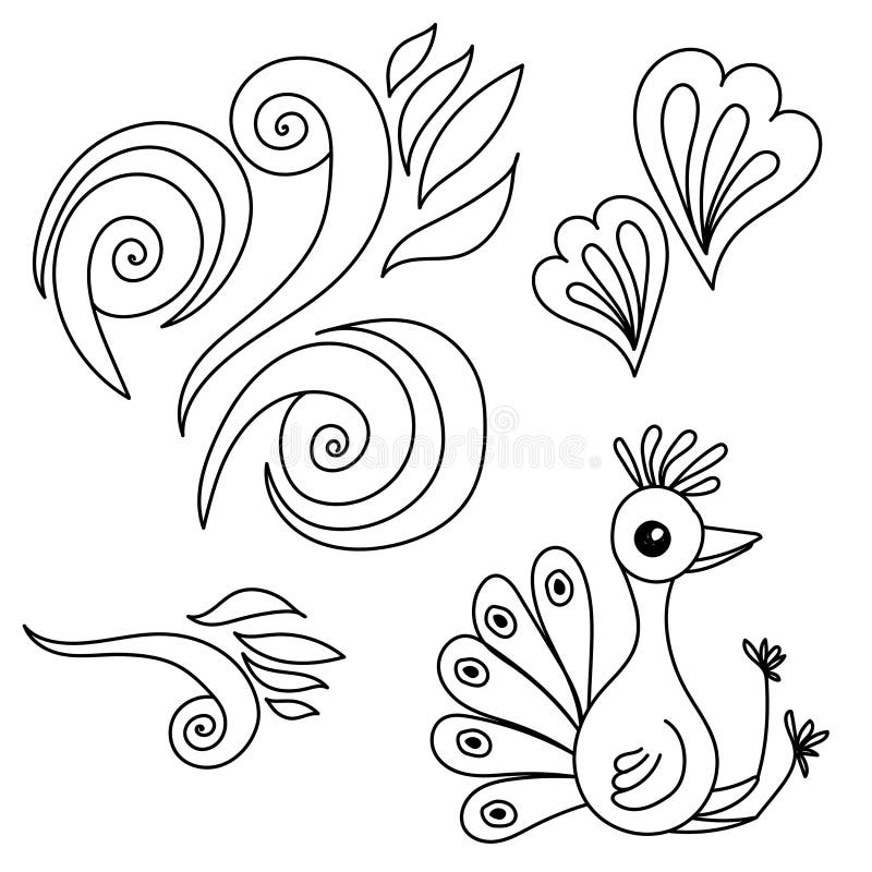 Doodle Peacock and Spiral Elements, Outline Vector Illustration for ...