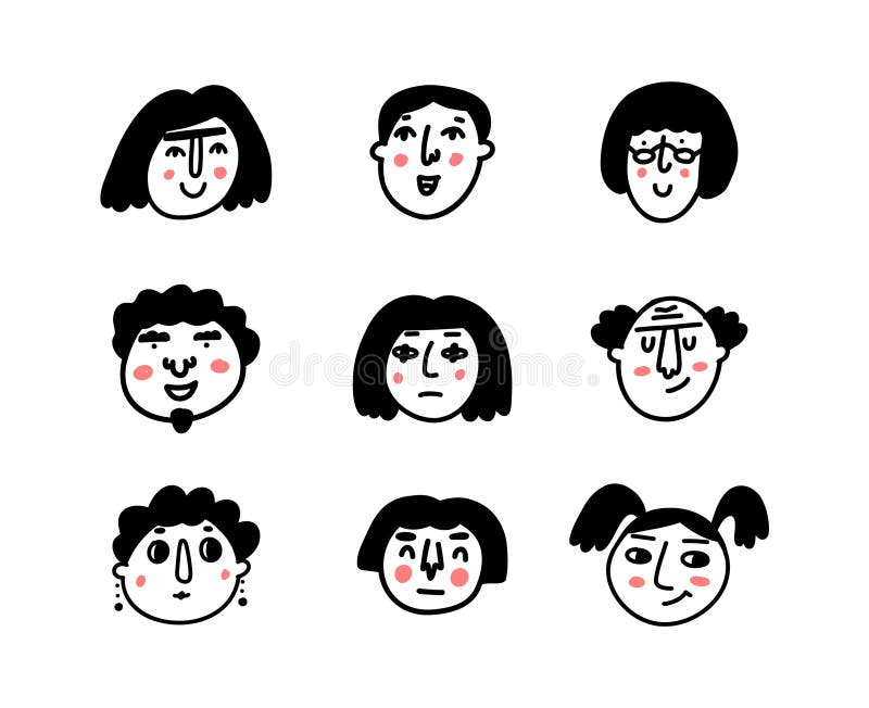 Doodle People Faces. Cartoon Portrait of Characters Stock Illustration ...