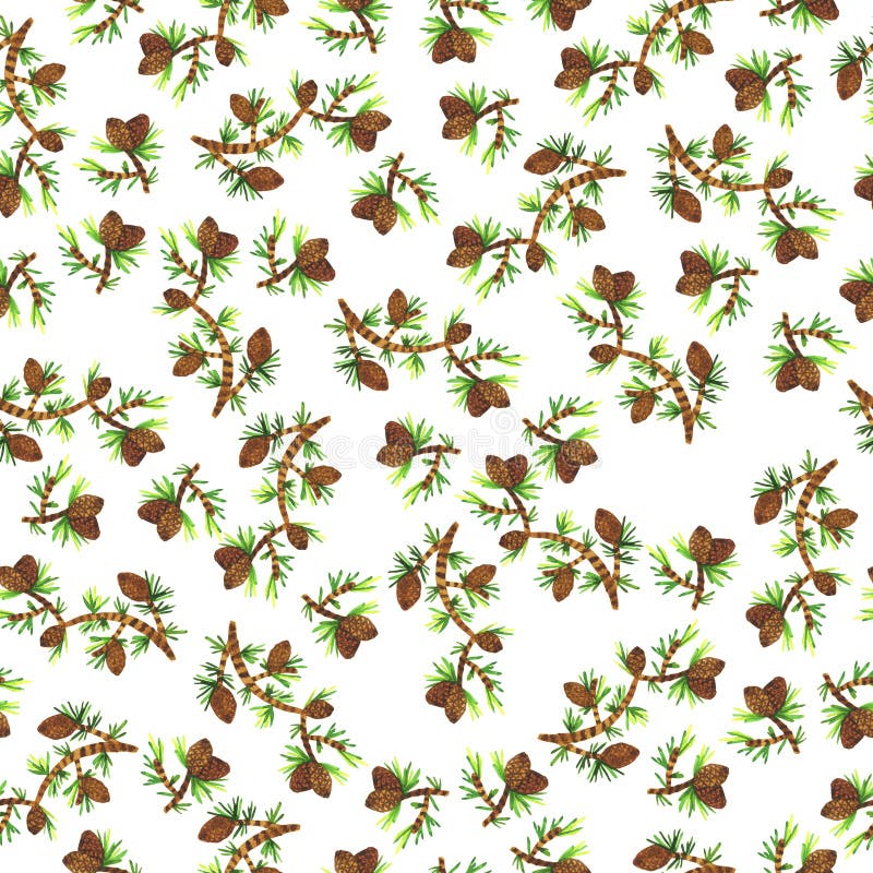 Doodle Pine Tree Decorative Branch Seamless Pattern. Watercolor. Stock ...