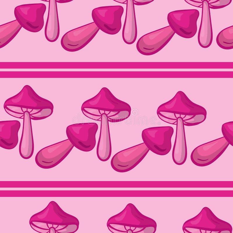 Doodle Pink Mushrooms Seamless Pattern in Horizontal Rows with Stripes ...