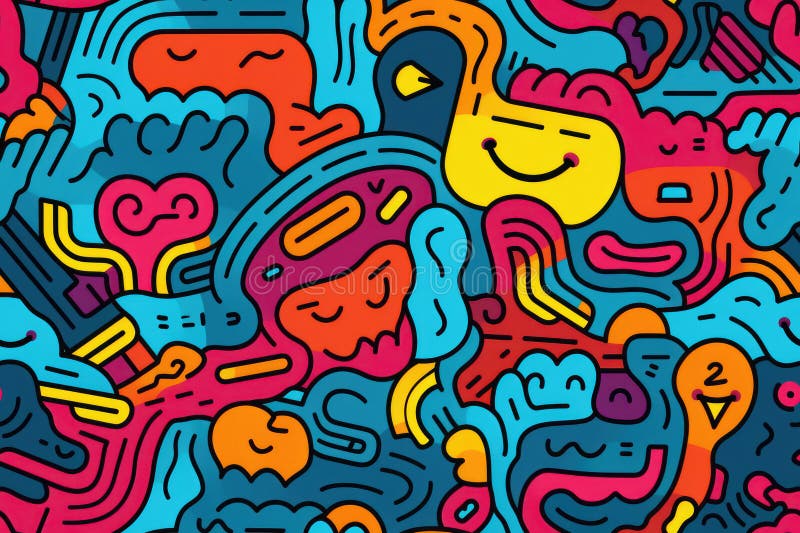 Doodle Pop Art Seamless Pattern. Crazy Color Palette. Psychedelic ...
