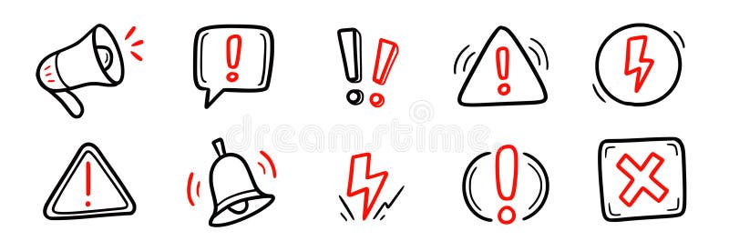 Doodle Red Exclamation Mark, Warning Sign Set. Hand Drawn Caution Signs ...