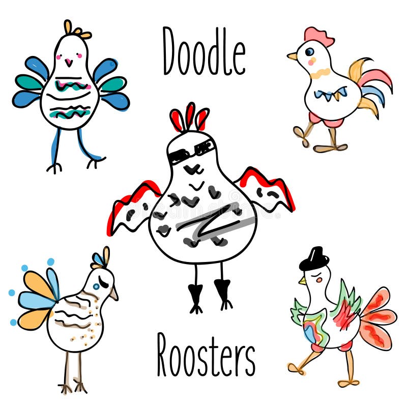 Doodle Rooster Birds Vector Set. Funny in Hand Drawn, Sketch Style ...