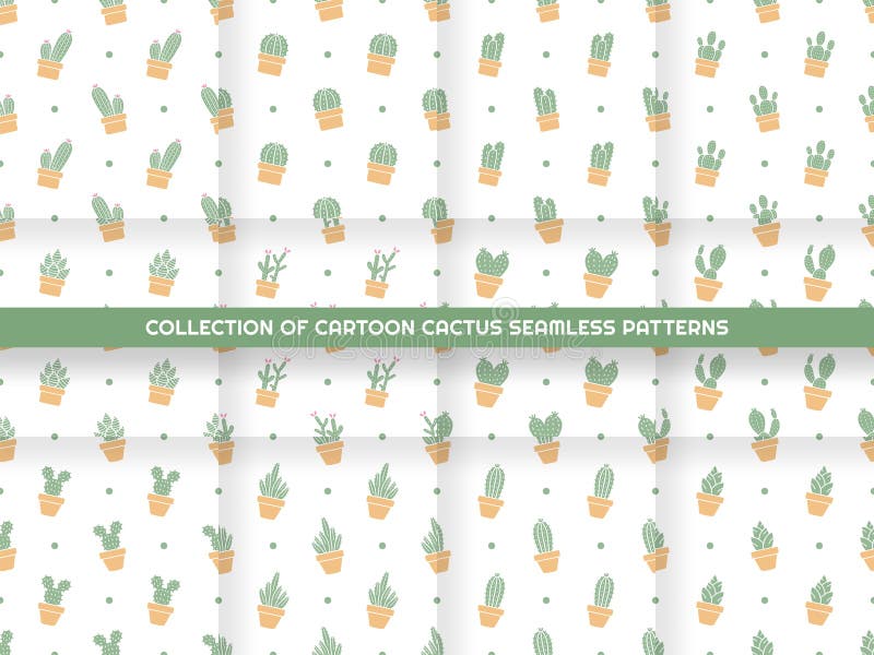 Collection of Seamless Patterns of Cactus Cartoon Doodle, Vector. Stock ...