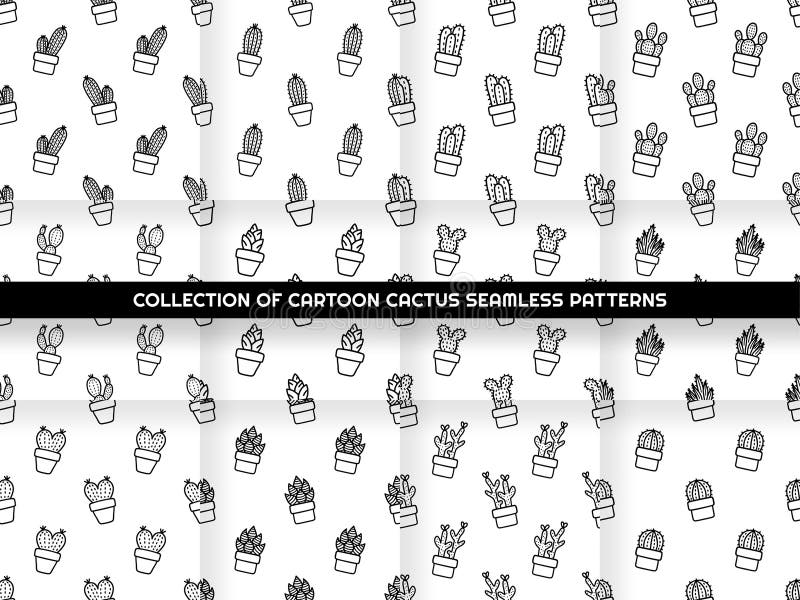 Collection of Seamless Patterns of Cactus Outline Cartoon Doodle ...