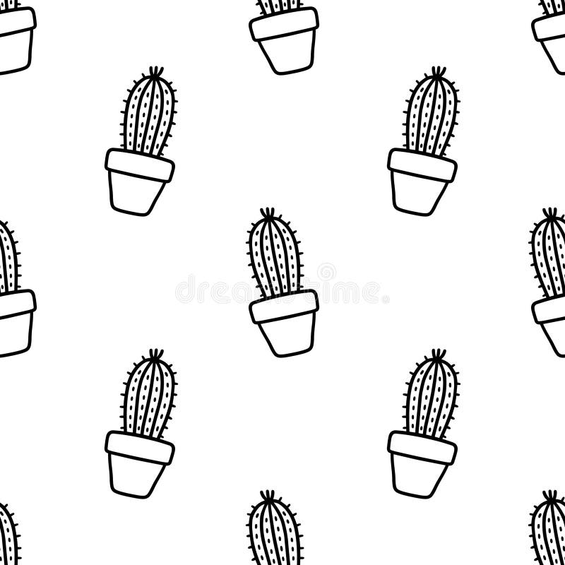 Seamless Patterns of Cactus Outline Cartoon Doodle, Vector. Stock ...