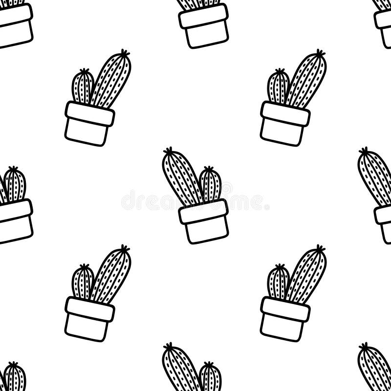 Seamless Patterns of Cactus Outline Cartoon Doodle, Vector. Stock ...