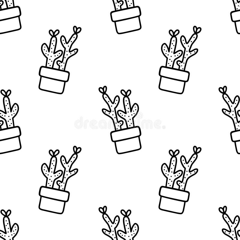 Seamless Patterns of Cactus Outline Cartoon Doodle, Vector. Stock ...