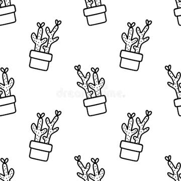 Seamless Patterns of Cactus Outline Cartoon Doodle, Vector. Stock ...
