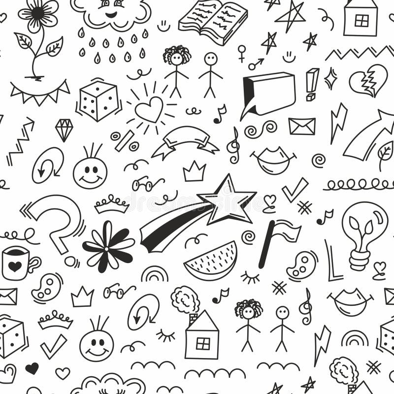 Doodle Seamless Pattern in Black and White Repeated with Mini Doodle ...