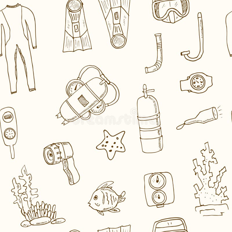 Doodle Seamless Pattern of Diving Tools Vintage Illustration Stock ...