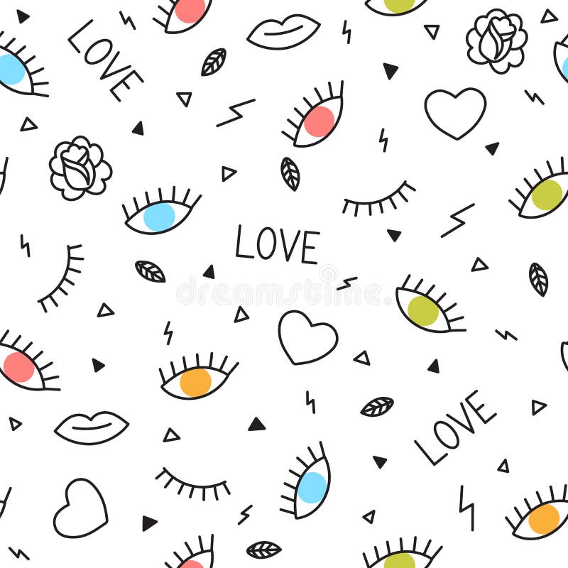 Doodle Seamless Pattern with Eyes, Hearts, Lips and Other Geometric ...