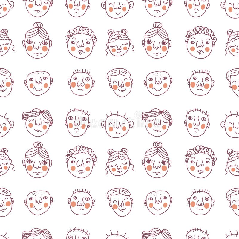Doodle Seamless Pattern with Peoples Faces. Perfect for T-shirt ...