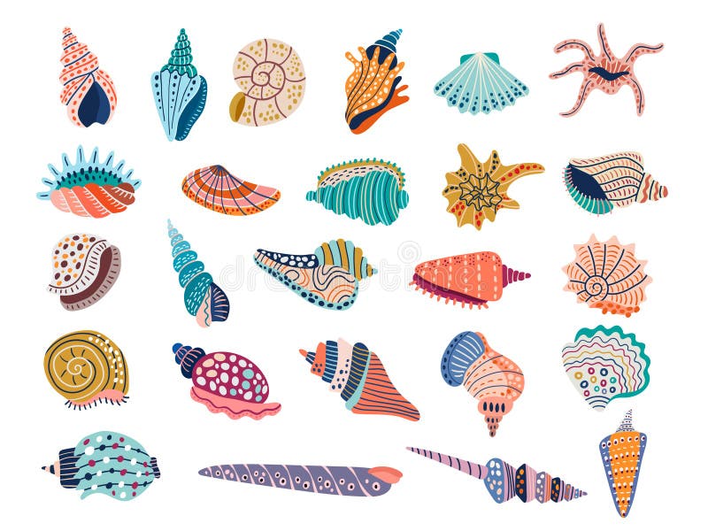 Doodle Seashell. Colored Stylized Vector Illustrations of Marine ...