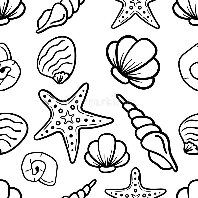 Doodle Seashell Seamless Pattern Black and White Color Stock ...