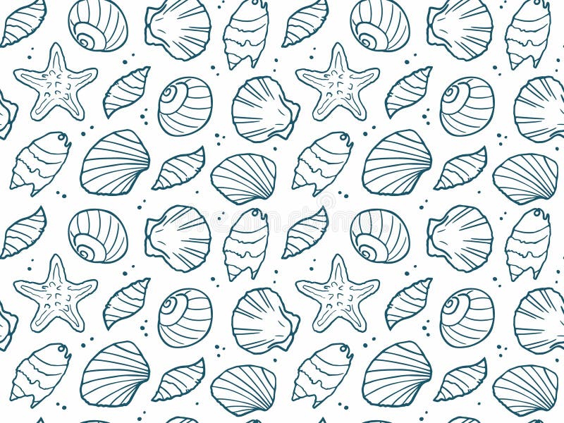Doodle Seashell Seamless Pattern. Vector Background of Tropical Sea and ...