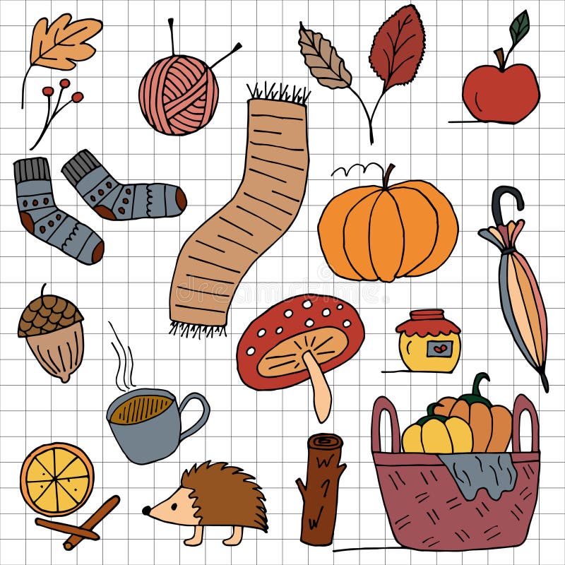 Doodle a Set of Autumn Objects on a Checkered Sheet Stock Illustration ...