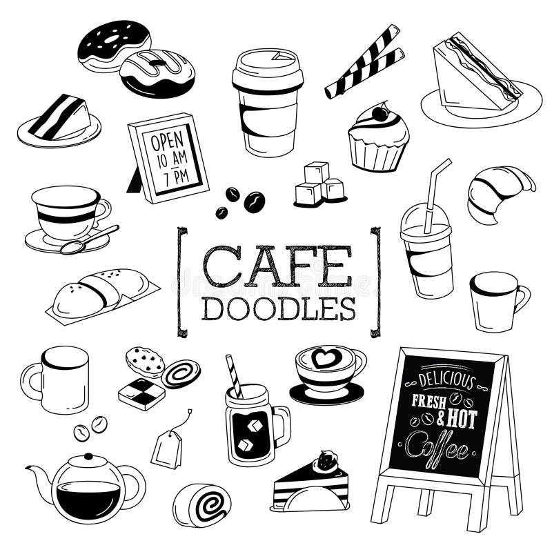 Doodle set of Cafe items. stock vector. Illustration of drawing - 90585230