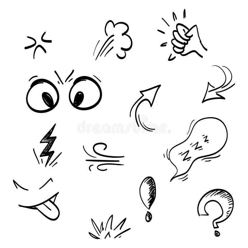 Doodle Set Cartoon Expressions Effects. Hand Drawn Emoticon Effects ...